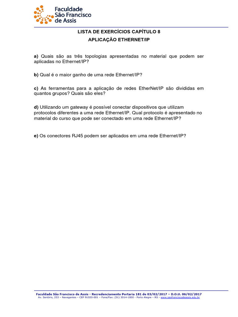 Lista de Exercicios Capitulo 8 - Ebook Redes EtherNet IP Profinet Foundation FieldBus e Rede ASI ...