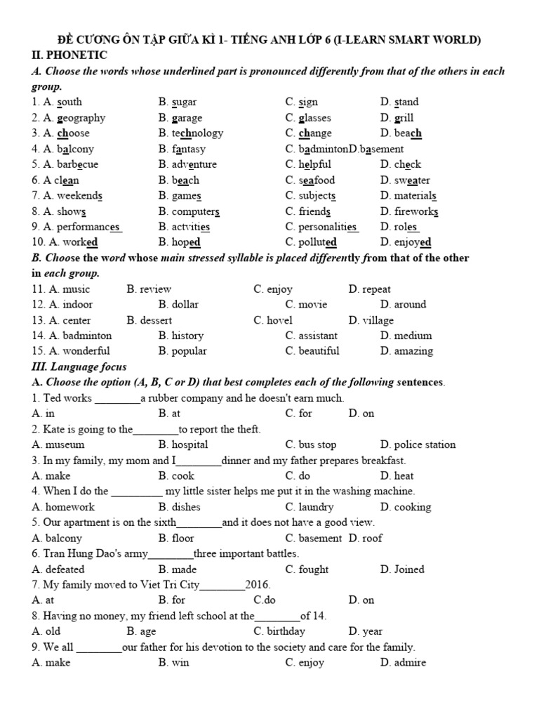 De Cuong On Tap Giua Ki 1tieng Anh Lop 6 Ilearn Smart World | PDF ...