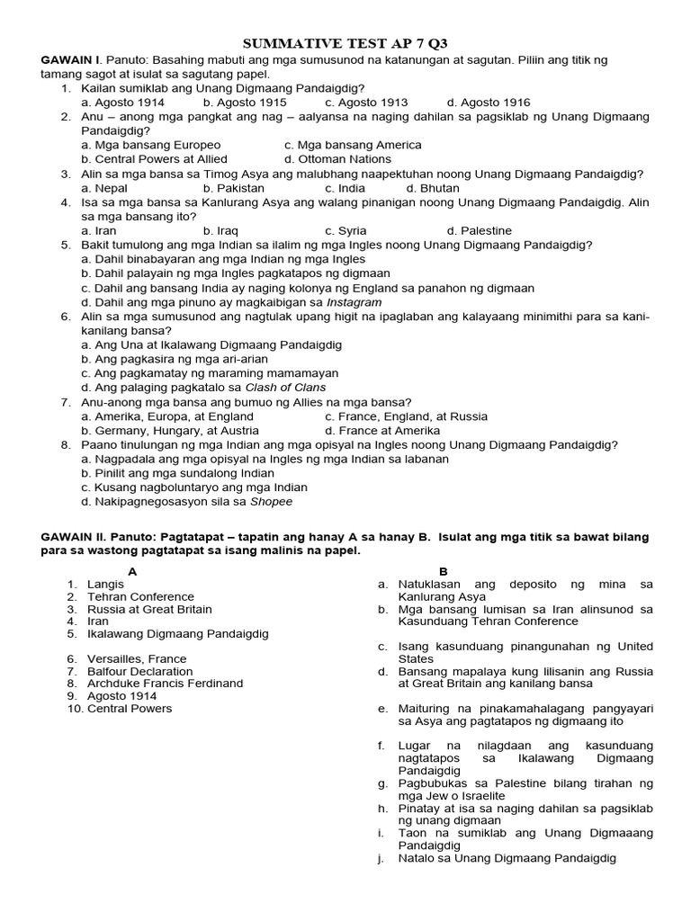 Summative Test Ap 7 Q3 World War 1 and 2 | PDF
