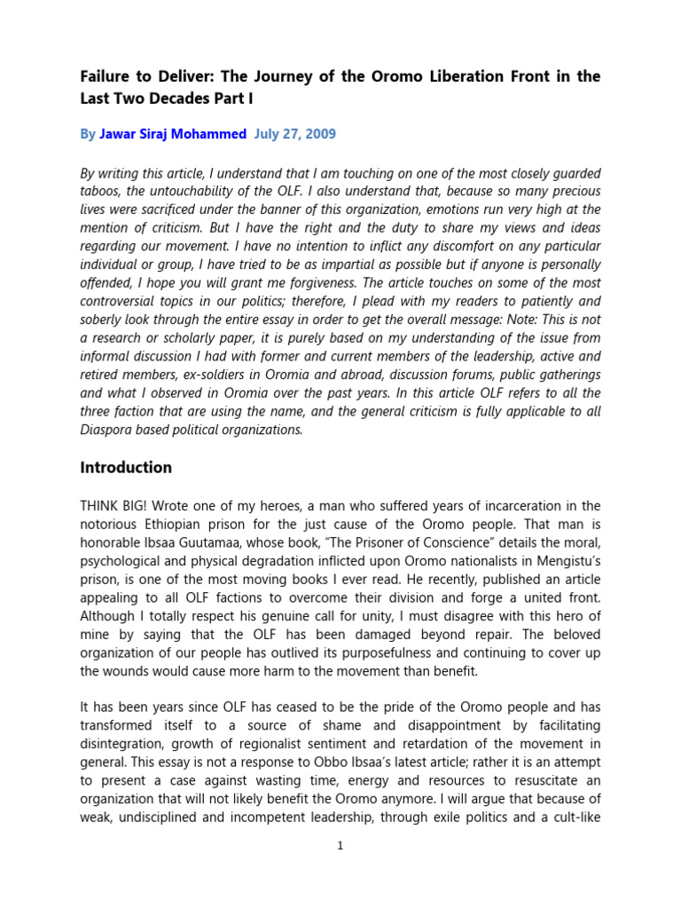 OLF Failure To Deliver by Jawar | PDF | Leadership | Eritrea