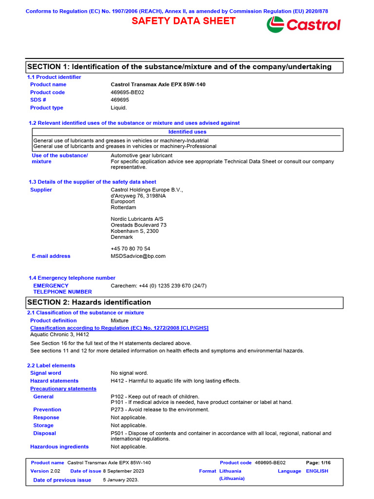 MSDS Castrol Transmax Axle EPX 85W-140 | PDF | Personal Protective Equipment | Physical Sciences