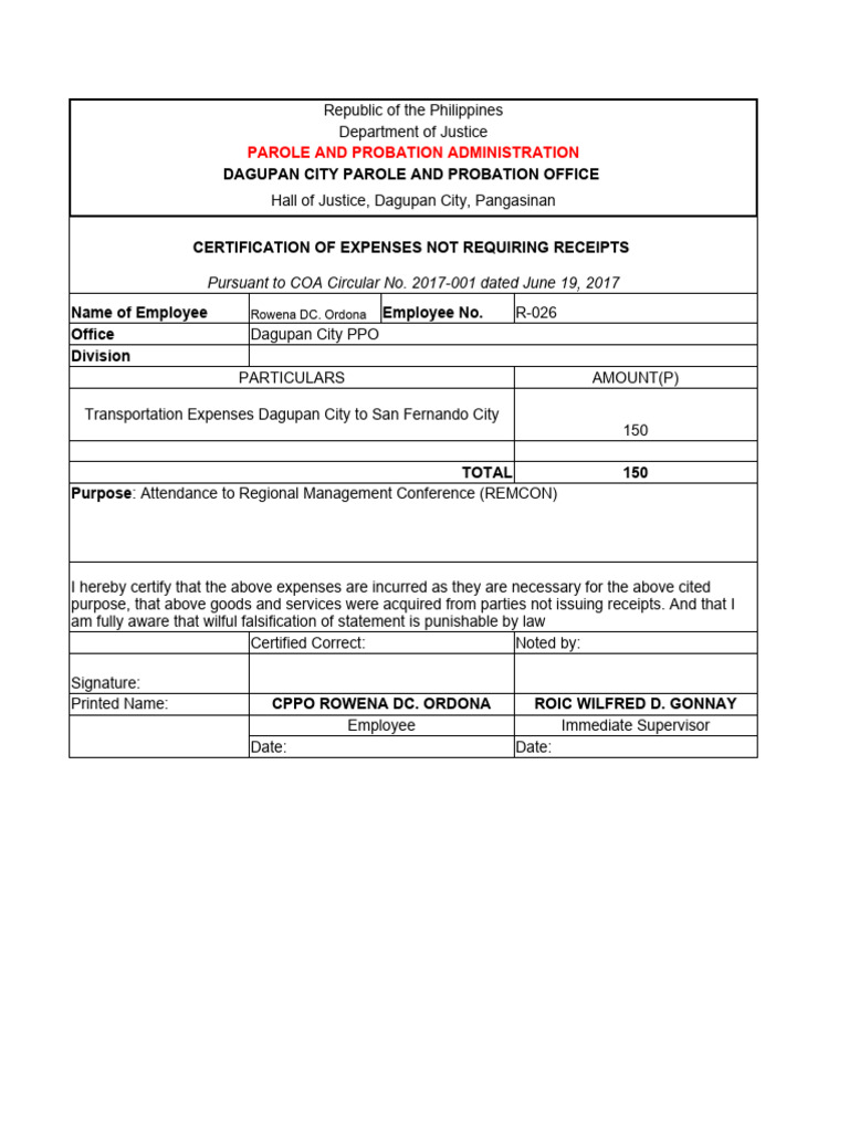 Certifcation of Expenses Not Requiring Receipts | PDF | Law