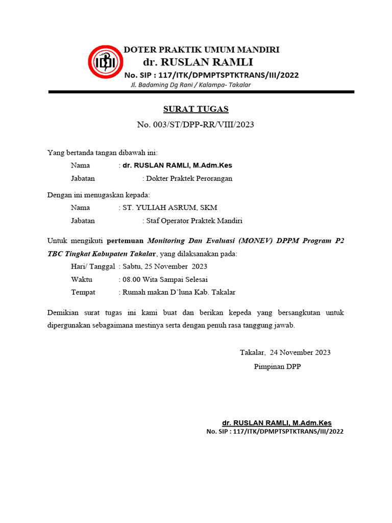 Surat Tugas MONEV dan Pelatihan TB | PDF