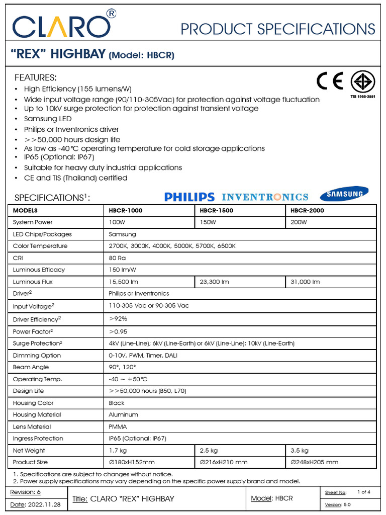 CLARO REX Highbay Specifications v5.0 | PDF | Power Supply | Electricity