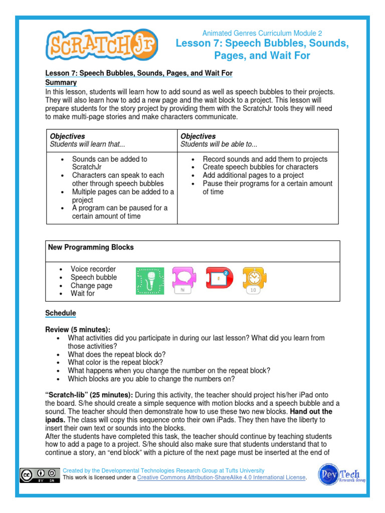Lesson 7: Speech Bubbles, Sounds, Pages, and Wait For: Objectives ...