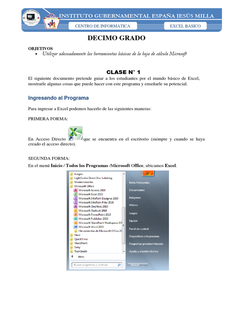 Introducción a Excel para Décimo Grado | PDF | Hoja de cálculo ...