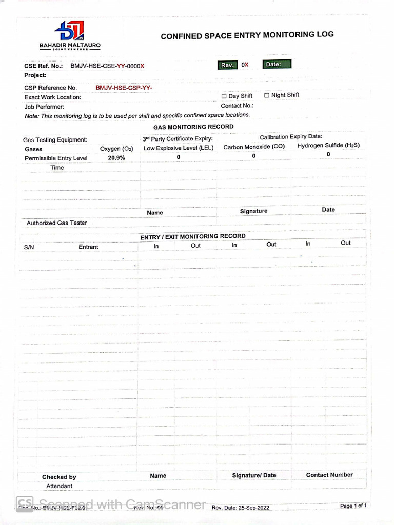 Confined Space Entry Monitoring Log | PDF