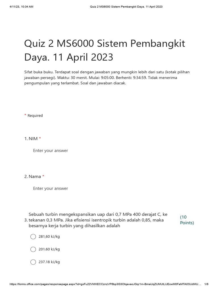 Quiz 2 MS6000 Sistem Pembangkit Daya. 11 April 2023 | PDF