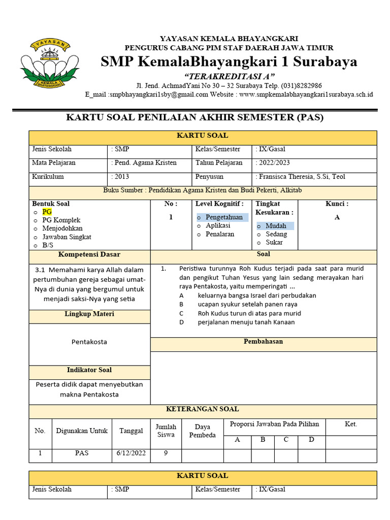 Kartu Soal Pas Kelas 9 | PDF