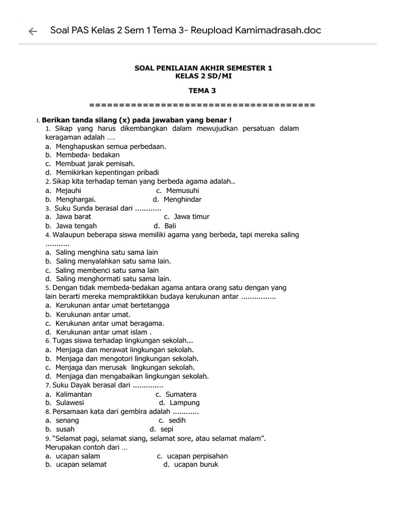 Soal PAS Kelas 2 Sem 1 Tema 3 - Reupload Kamimadrasah | PDF | Griya & Taman | Seni & Disiplin Bahasa