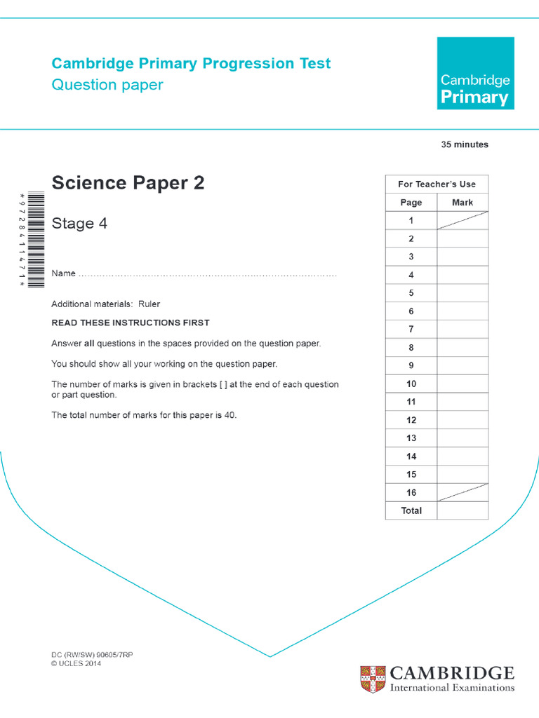 Science Paper 2. Question Paper. Stage 4. Cambridge Primary Progression ...