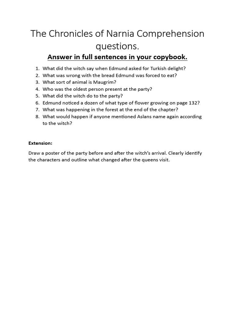 Narnia Chapter 11 Comprehension Guide | PDF
