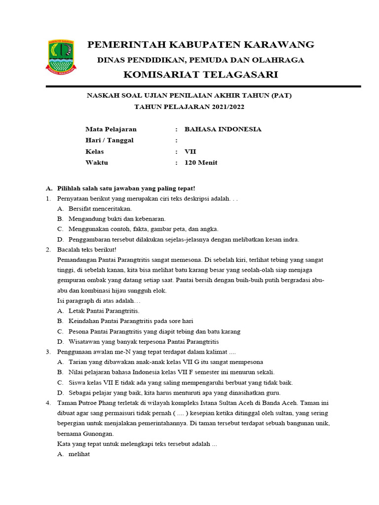Naskah Soal Pat B.indo KLS 7 2021-2022 | PDF | Kajian Bahasa Asing