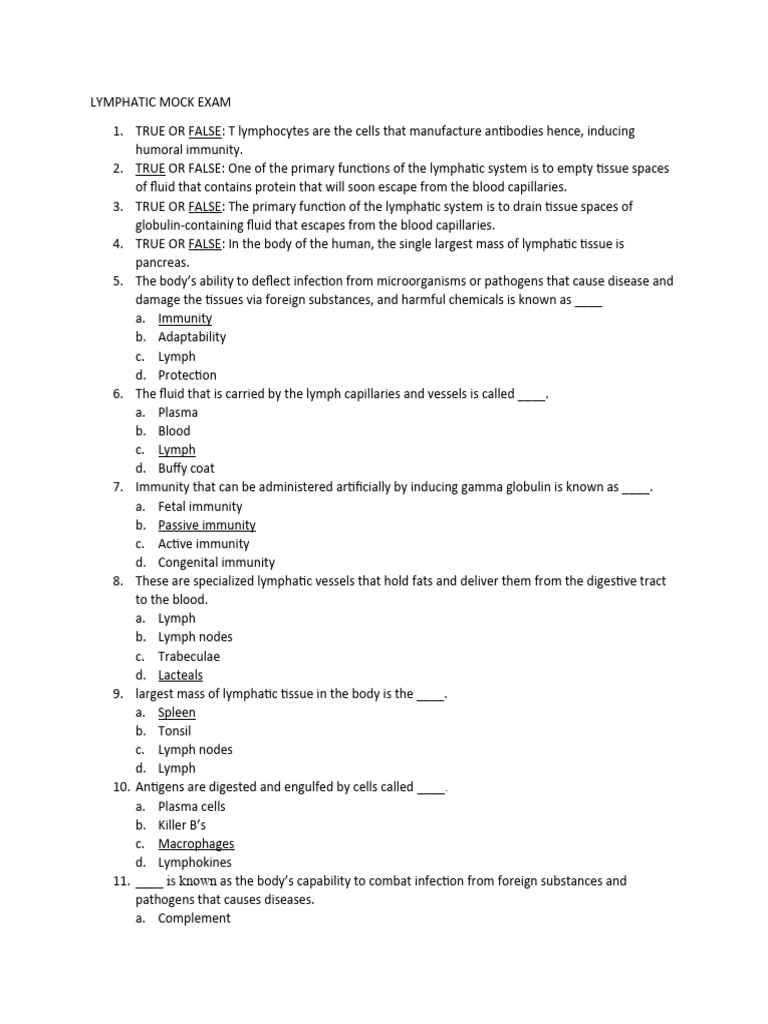 Lymphatic System Mock Exam Questions | PDF