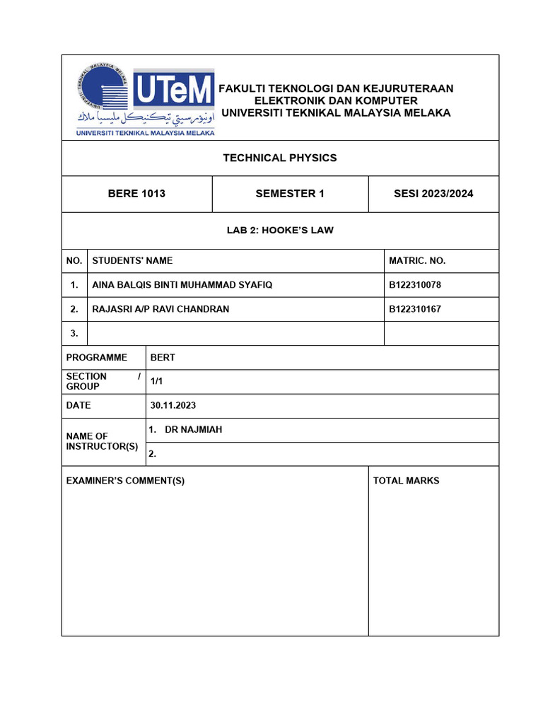 BERE1013 Lab 2 - Hooke's Law | PDF | Force | Mechanics