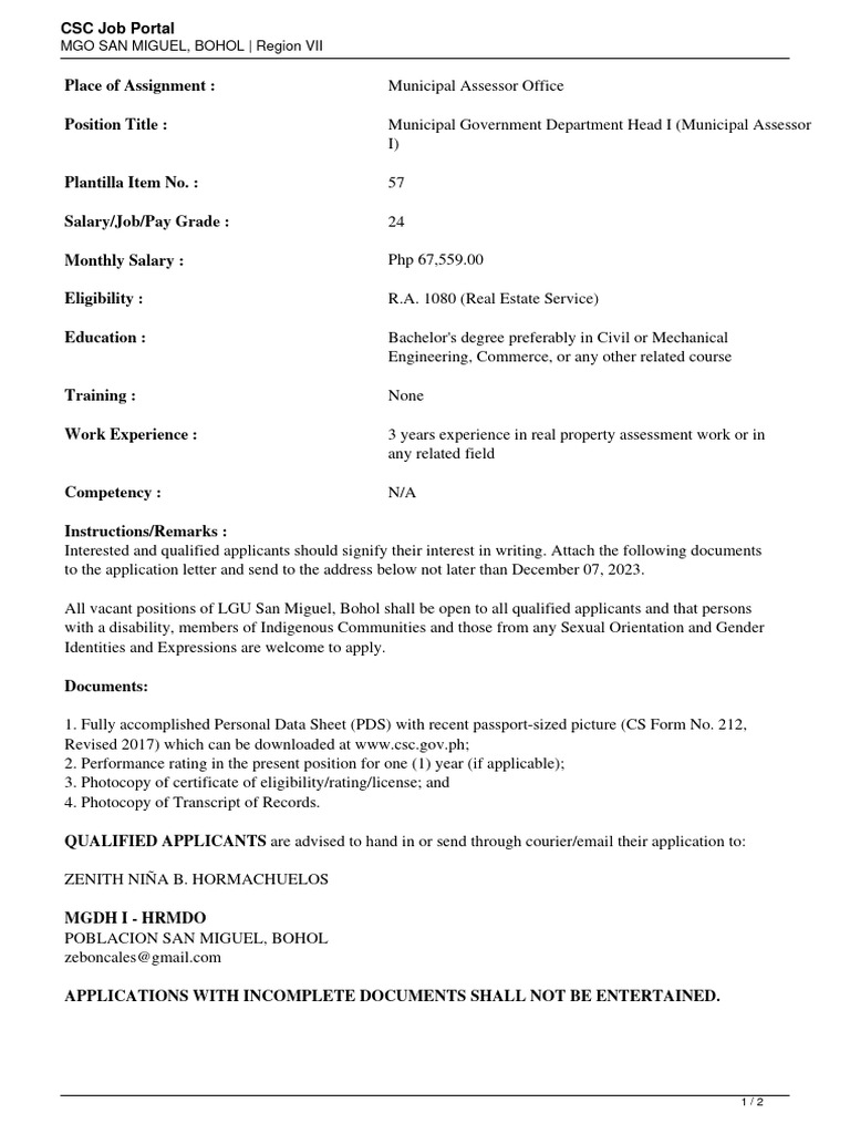 MGO SAN MIGUEL BOHOL-Municipal Government Department Head I Municipal ...