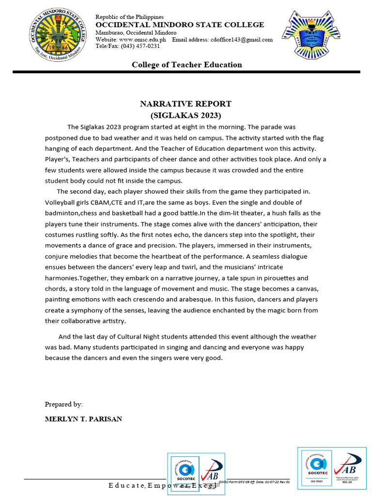 Narrative Report Format | PDF | Performing Arts | Entertainment