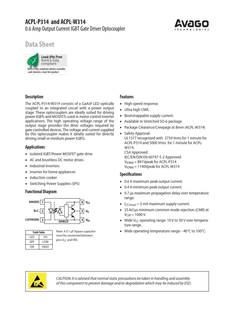 Data Sheet: ACPL-P314 and ACPL-W314 | PDF | Power Inverter | Electronic ...