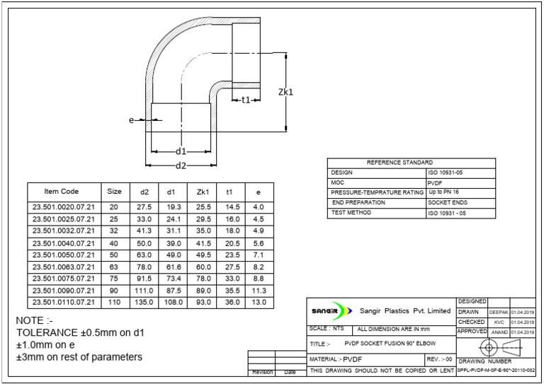 PVDF Socket Fusion 90° Elbow Rev.01 - DRG - No-02 | PDF | Mechanical Engineering