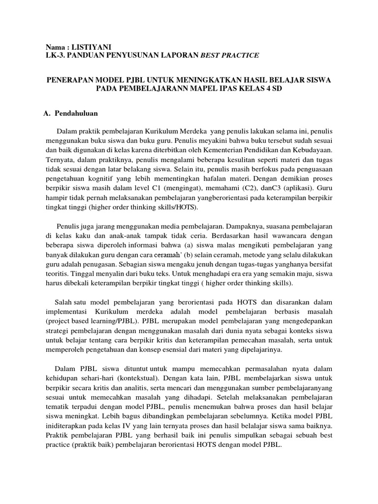 LK. 3.1 Penyusunan Hasil Best Practice Bu Lis FIX | PDF | Karier & Perkembangan | Sains & Matematika