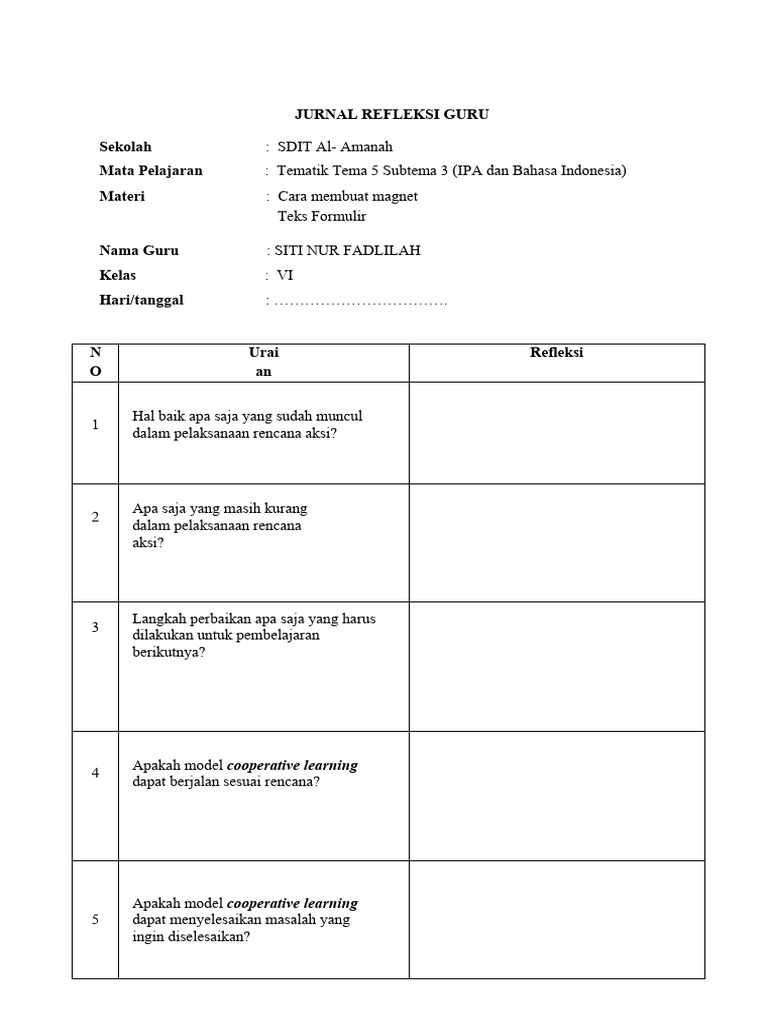 Jurnal Refleksi Guru | PDF | Karier & Perkembangan | Seni