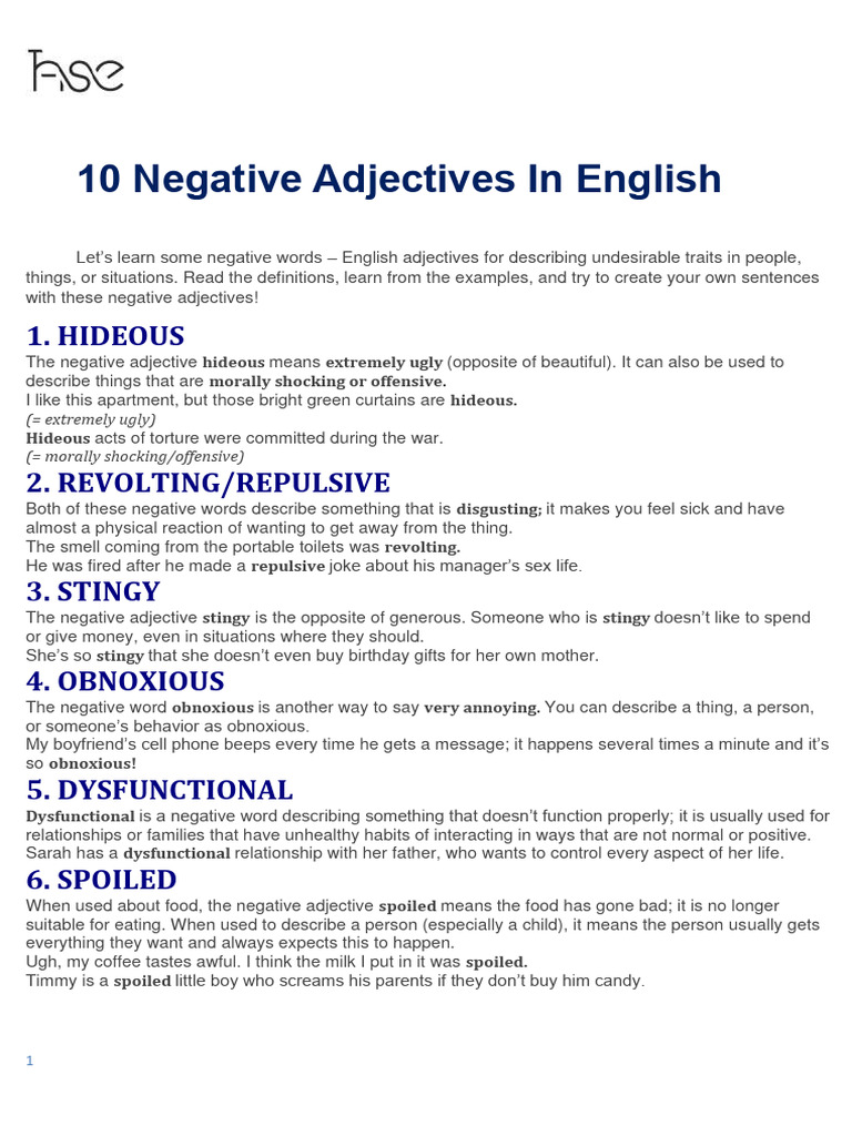 10 Negative Adjectives in English | PDF | Social Psychology ...
