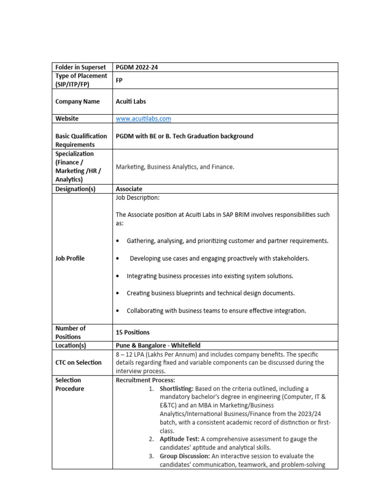 JD - Acuiti Labs - Associate | PDF | Master Of Business Administration | Business Process