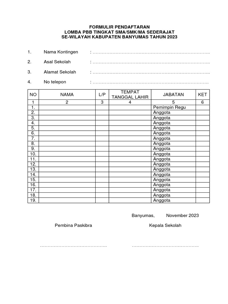 Formulir Pendaftaran Lomba PBB 2023 | PDF