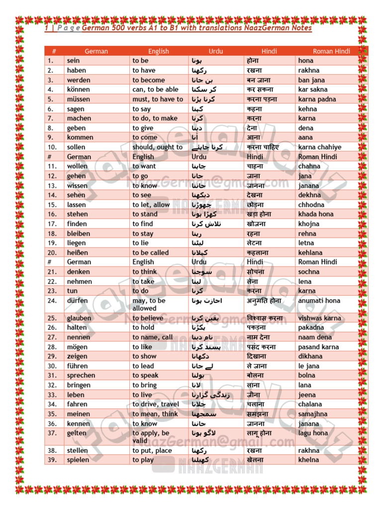 German Verbs 500 With Translations - German A2 | PDF