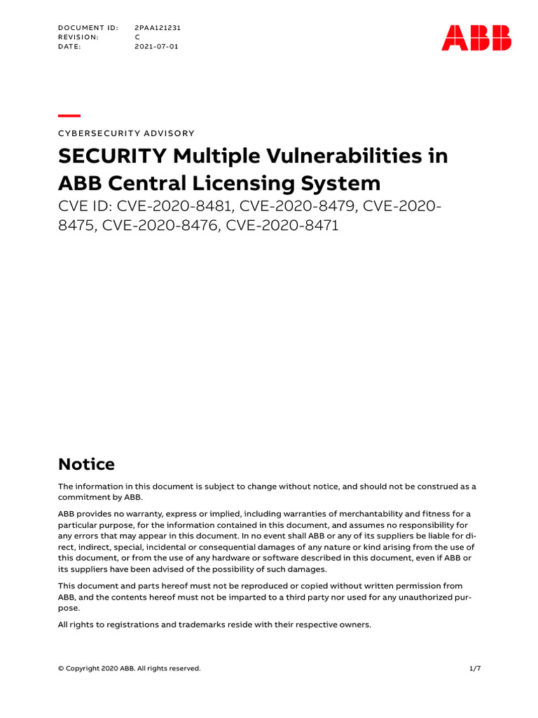 2paa121231 C En Security Multiple Vulnerabilities In Abb Central Licensing System Pdf