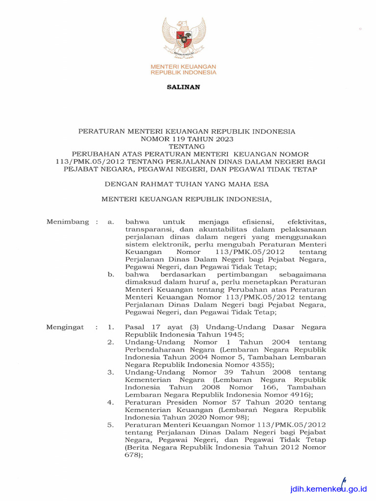 PMK 119 TH 2023 TTG Perjalanan Dinas | PDF