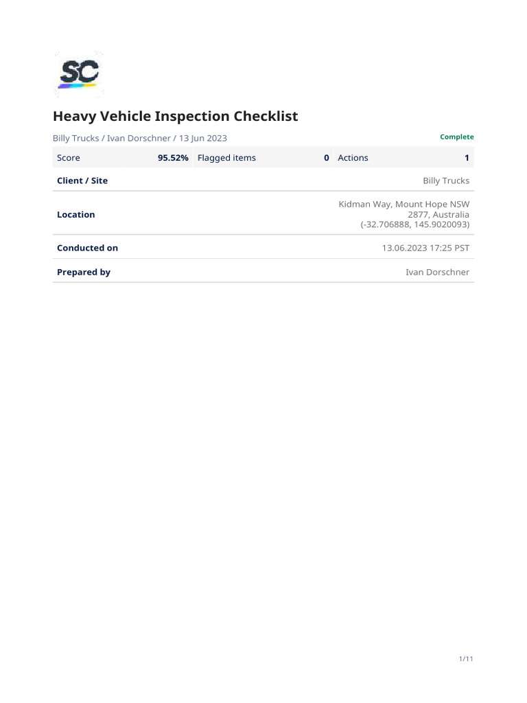 Heavy Vehicle Inspection Sample PDF Report SafetyCulture | PDF | Steering | Tire