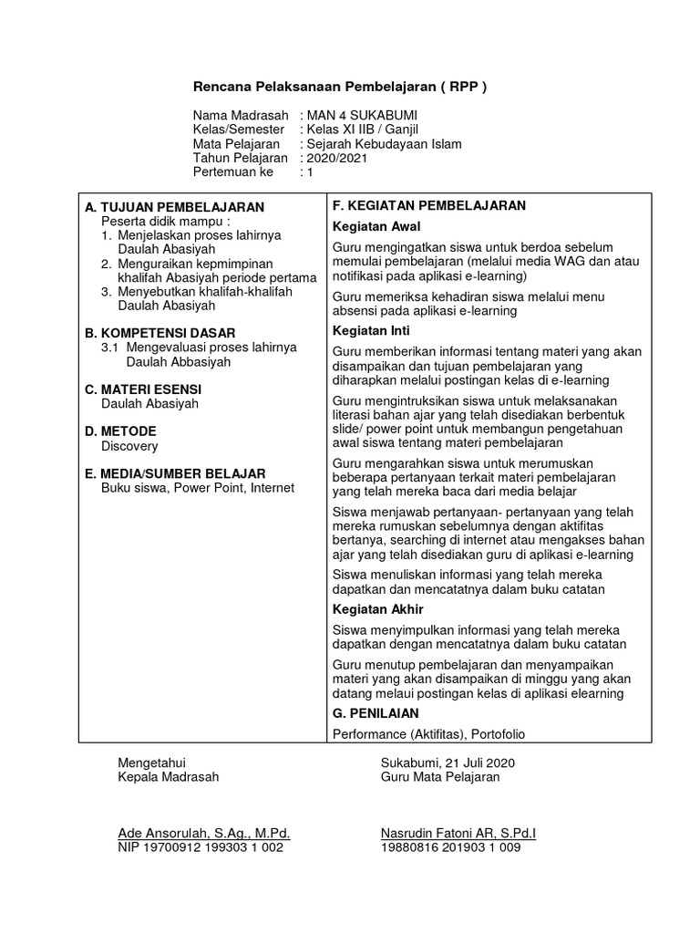 RPP 1 Lembar Sejarah Kebudayaan Islam Kelas Xi | PDF | Karier & Perkembangan