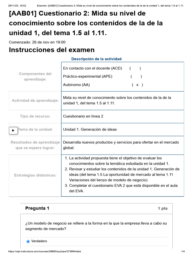Examen - (AAB01) Cuestionario 2 - Mida Su Nivel de Conocimiento Sobre Los Contenidos de La de La ...