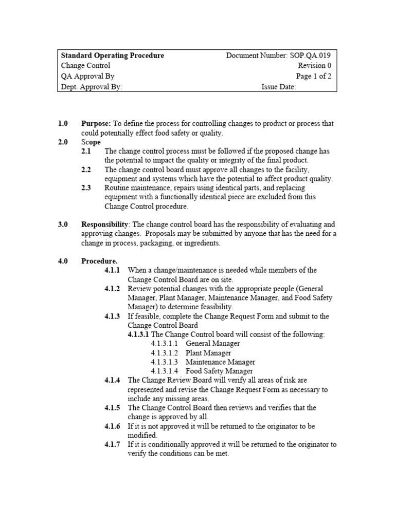 Change Control SOP for Quality Assurance | PDF | Safety | Food Safety