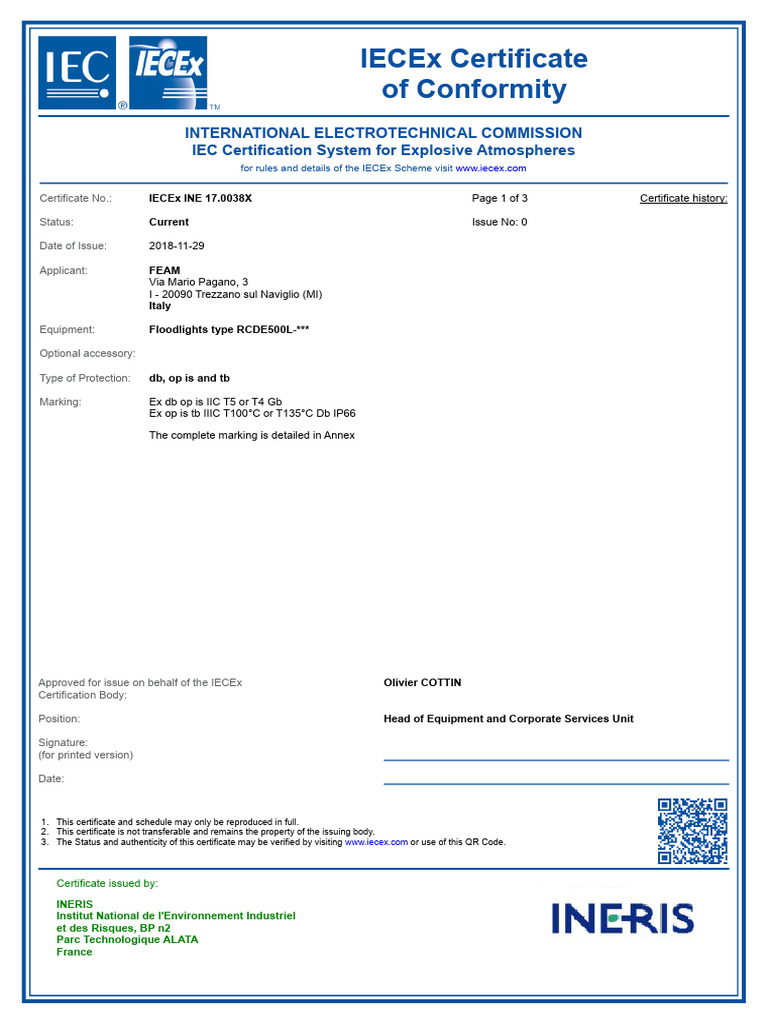IECEx Certificate for Floodlights RCDE500L | PDF | International ...