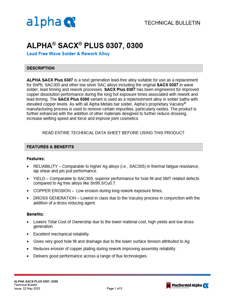 ALPHA SACX PLUS 0307 Solid Solder EN 22may23 TB | PDF | Solder | Soldering