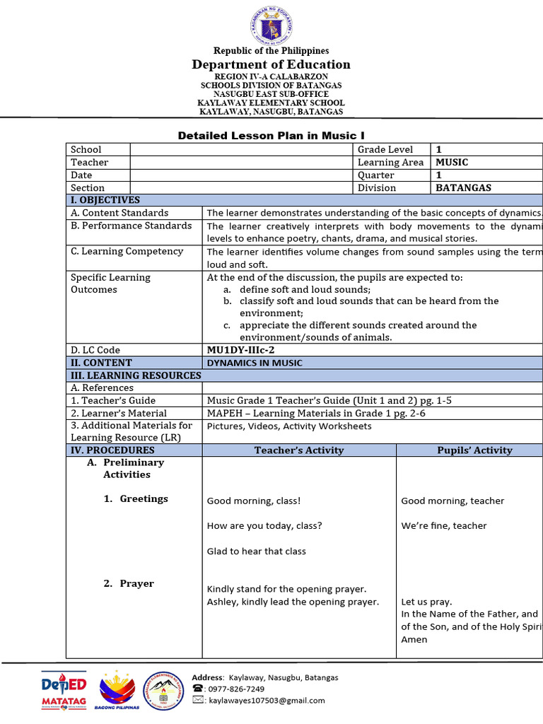 Grade 1 Music Lesson: Dynamics | PDF | Teachers | Learning