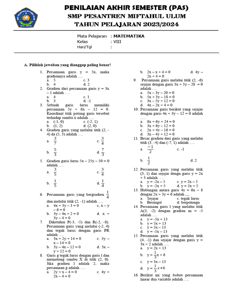 Soal PAS Matematika Kelas 8 - 105330 | PDF