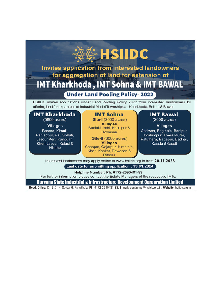 Land Pooling Kharkhoda, IMT Sohna, and IMT Bawal | PDF