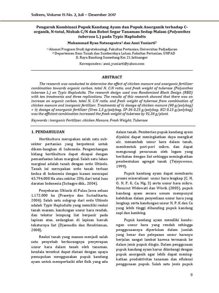 Pengaruh Kombinasi Pupuk Kandang Ayam Dan Pupuk An | PDF