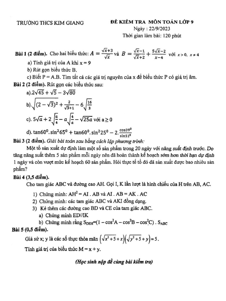 De Kiem Tra Toan 9 Nam 2023 2024 Truong Thcs Kim Giang Ha Noi | PDF