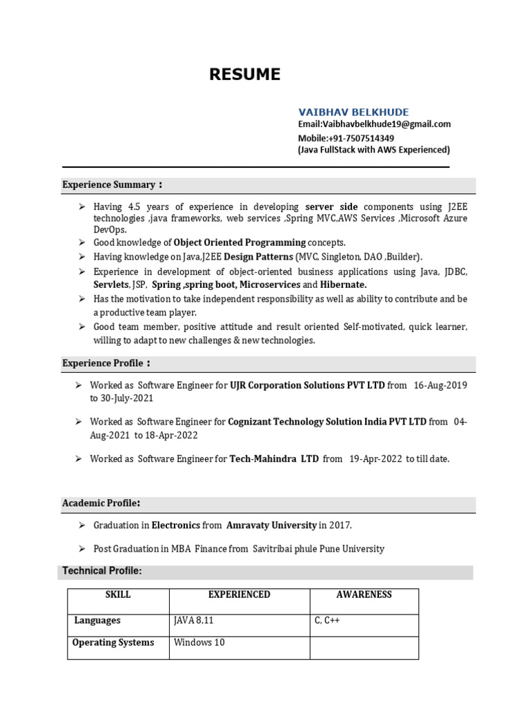 Vaibhav Resume Novmber2023 - 3n | PDF | Spring Framework | Java (Programming Language)