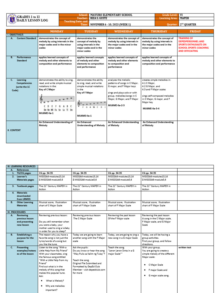 DLL - Mapeh 6 - Q2 - W1 | PDF | Scale (Music) | Interval (Music)
