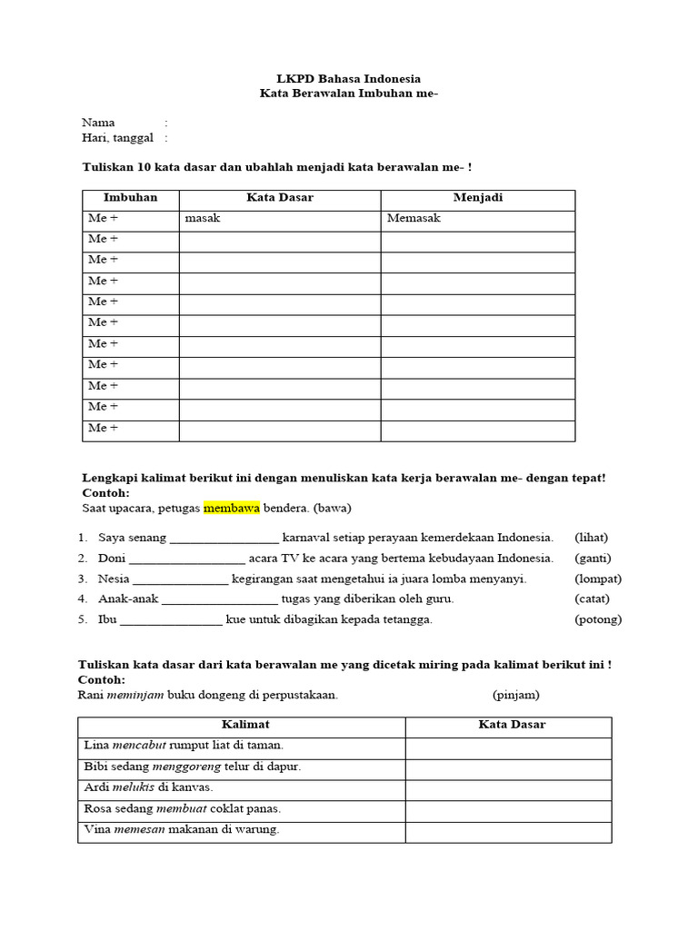 LKPD Bahasa Indonesia Awalan Me | PDF