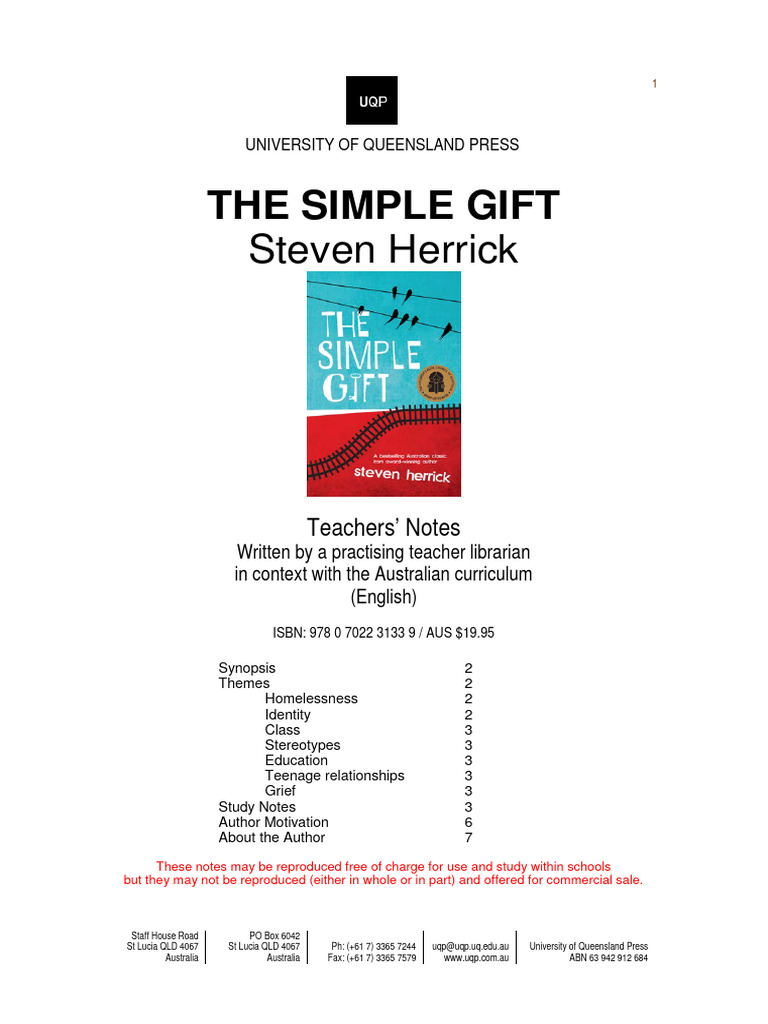 Teachers Notes The Simple Gift | PDF | Grief