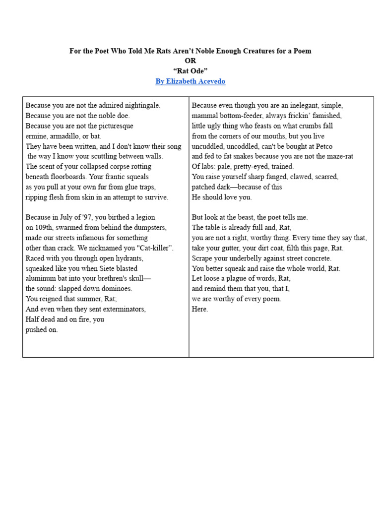 Rat Ode - by Elizabeth Acevedo | PDF