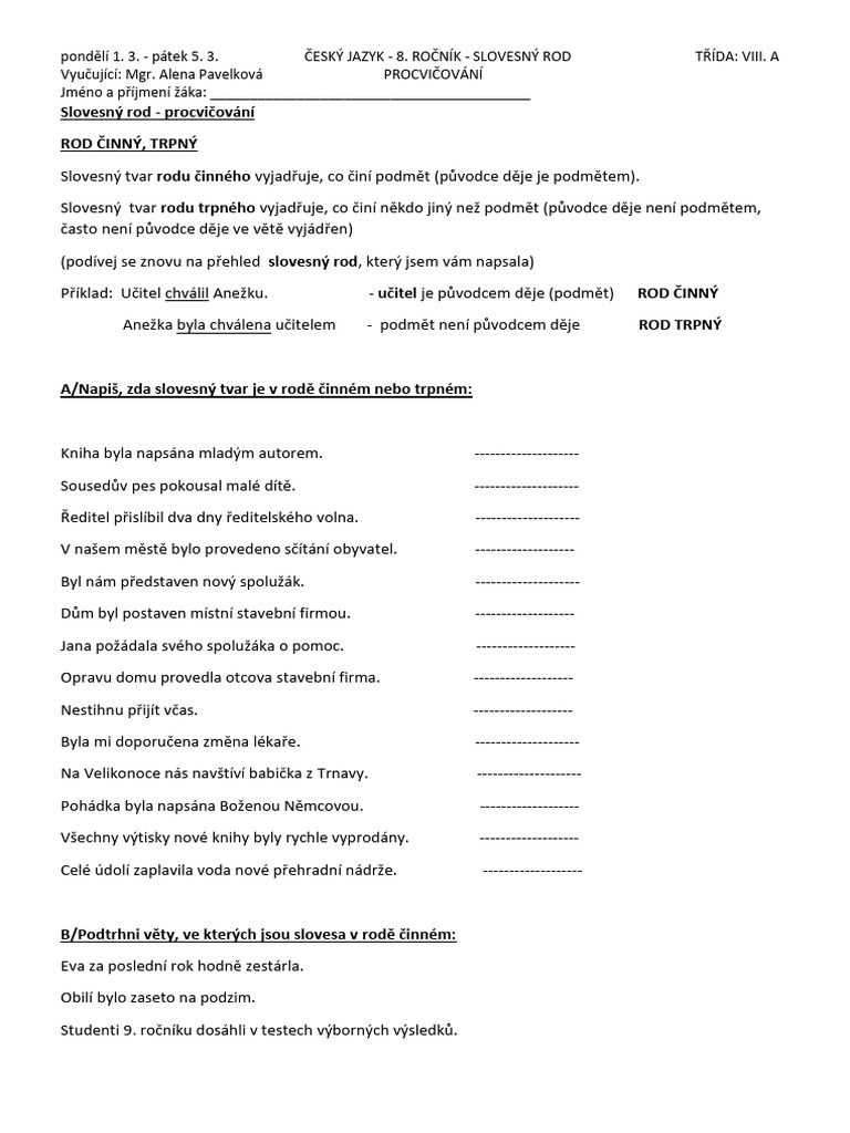 CJ 8 Rocnik Slovesny Rod Procvicovani 1 3 5 3 2021 | PDF