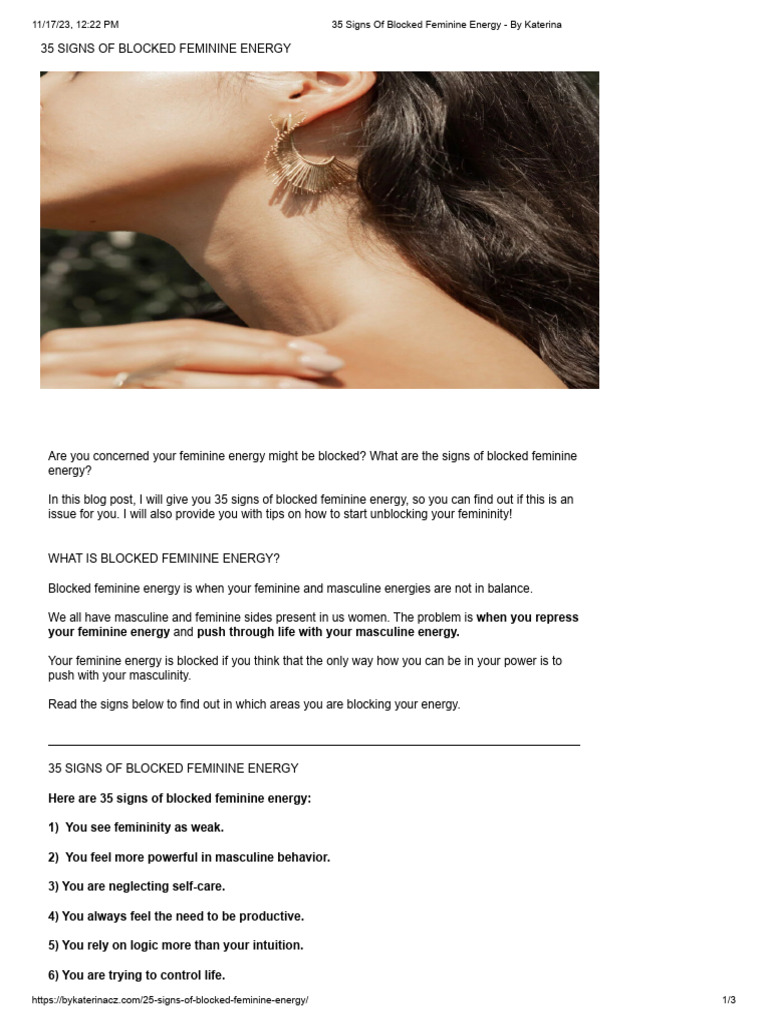 35 Signs of Blocked Feminine Energy - by Katerina | PDF | Femininity | Behavioural Sciences