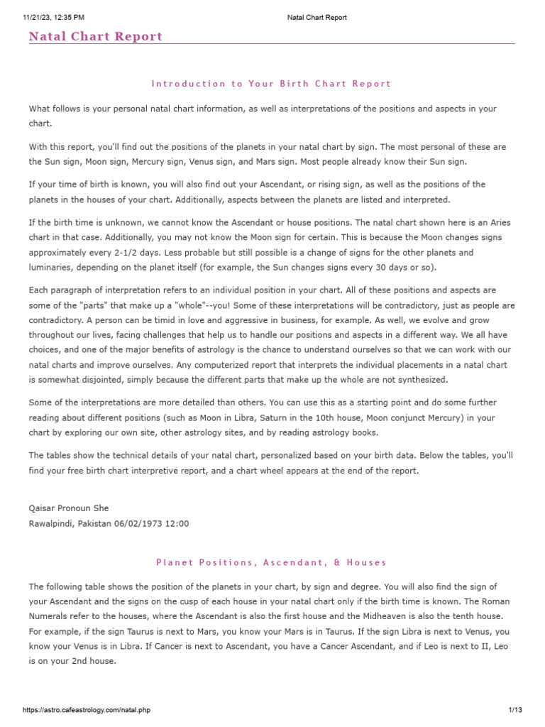 How To Read Natal Chart Report - 01 | PDF | Planets In Astrology ...